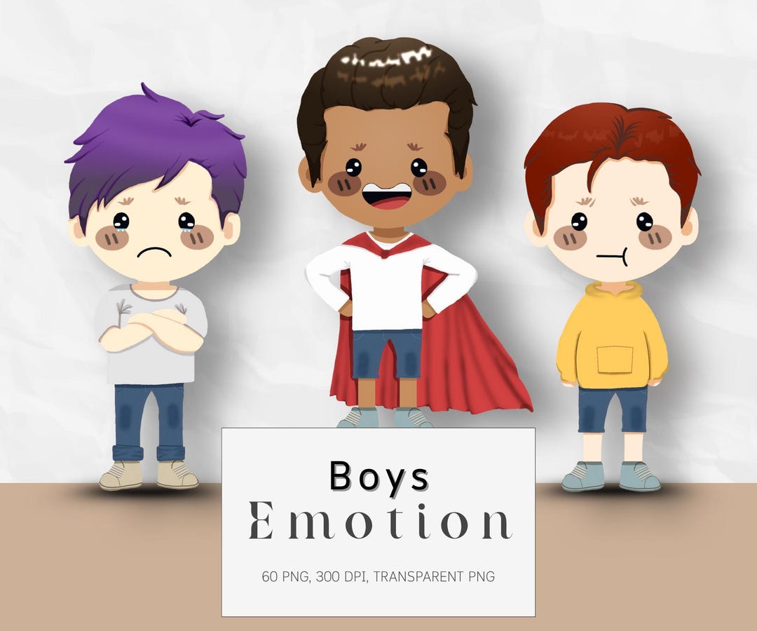 Boys Emotions Clipart: Hand Drawn Feelings Faces PNG 300 Dpi ...