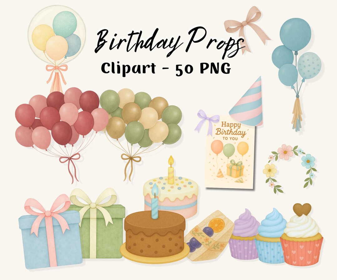 Birthday Party Clipart Set | 50 PNG Pastel Cake Balloons Gifts Cupcakes ...