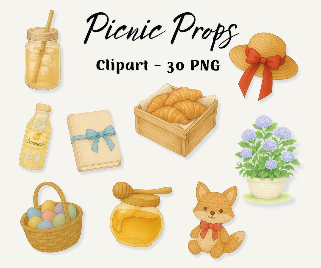 Picnic Props Clipart Set – 30 PNG Watercolor Basket, Food & Floral ...