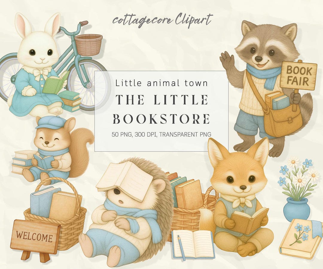 Cottagecore Clipart – Little Bookstore Animal Set | 50 PNG Watercolor ...