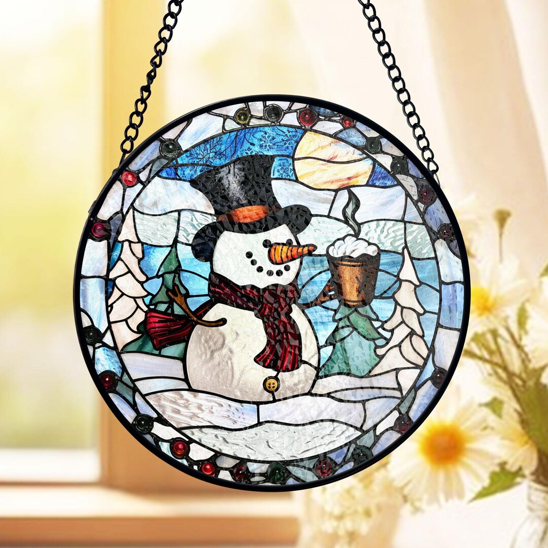 Snowman Stained Glass Suncatcher, Hot Cocoa Winter Window Art, Cozy ...