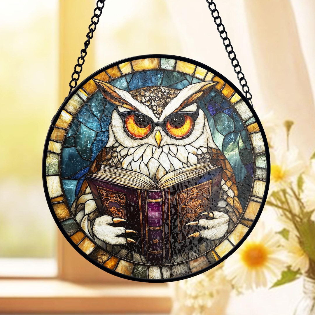 Owl Reading Book Stained Glass Suncatcher, Librarian Gift for Job ...