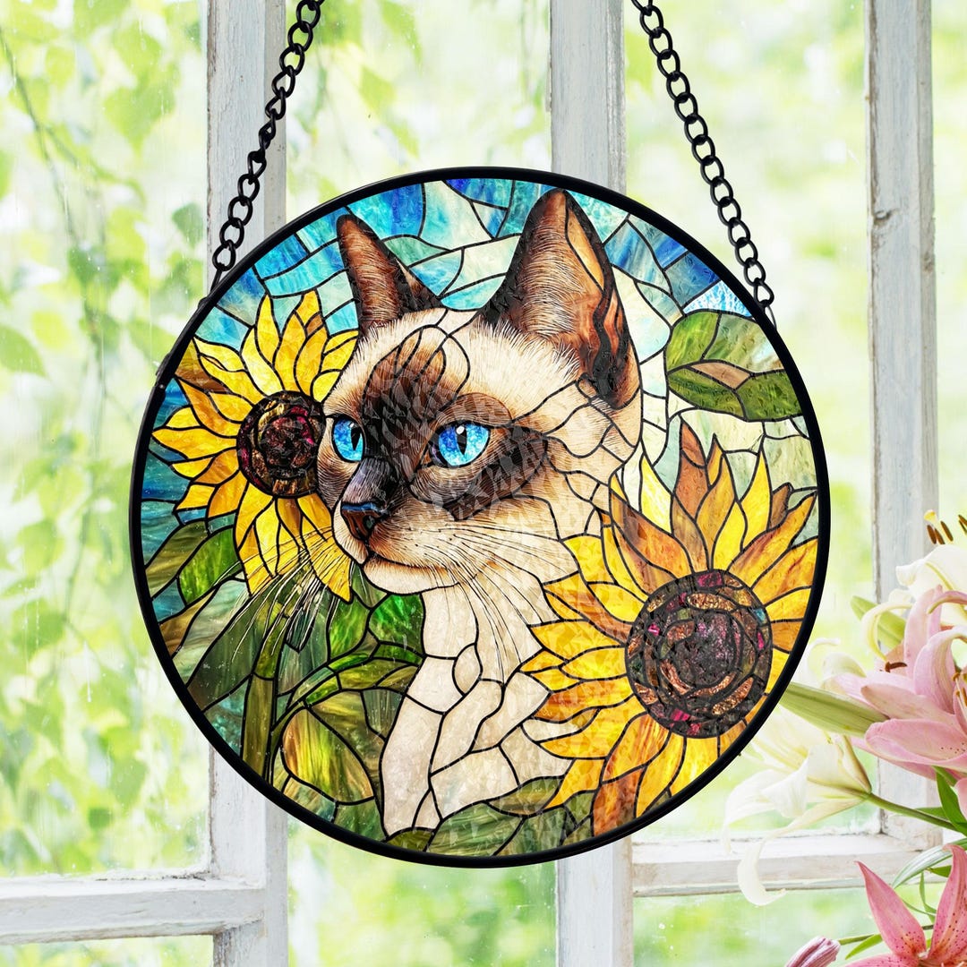 Siamese Cat Stained Glass Suncatcher, Cat Lover Suncatcher, Sunflower ...
