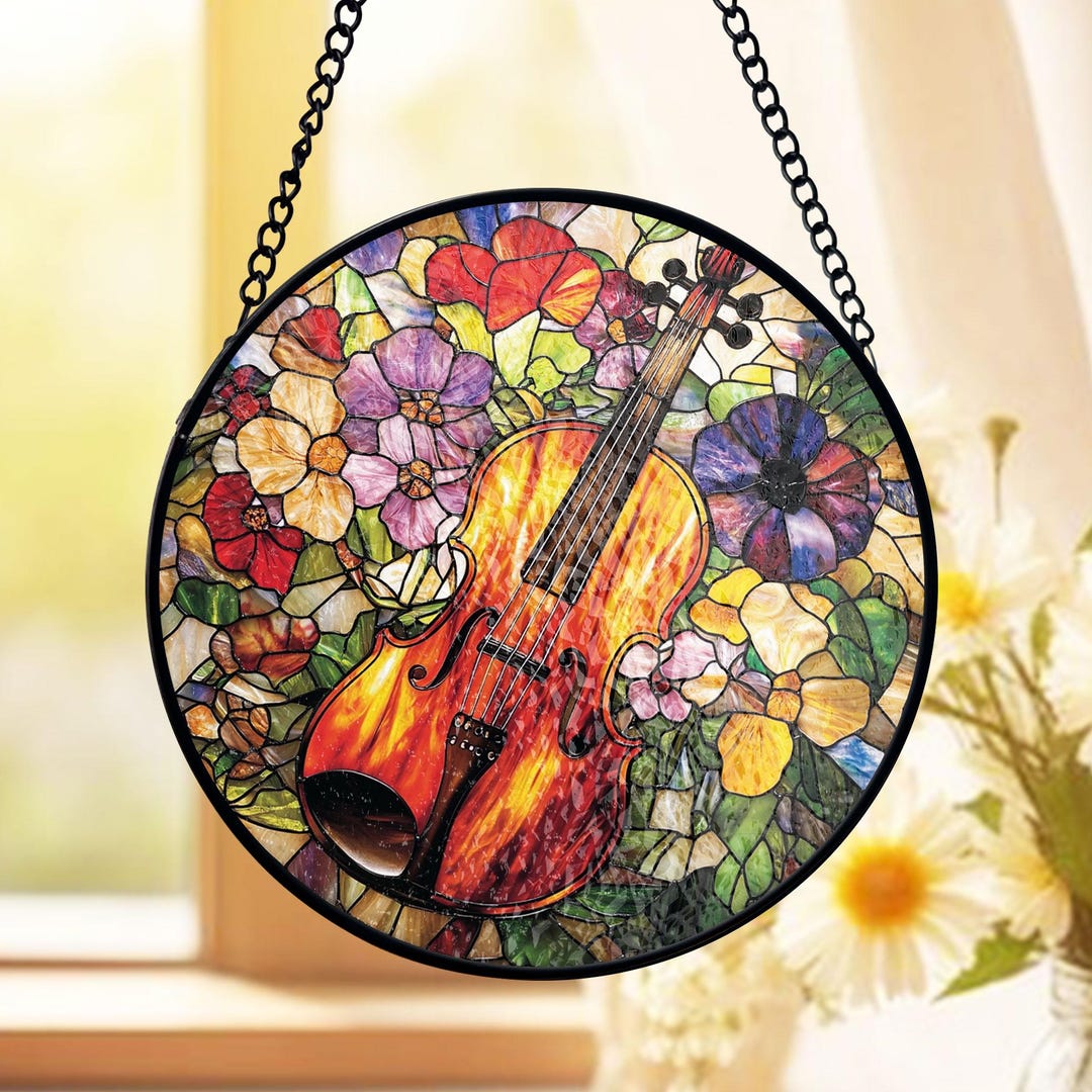 Violin Stained Glass Suncatcher, Colorful Floral Music Window Decor ...