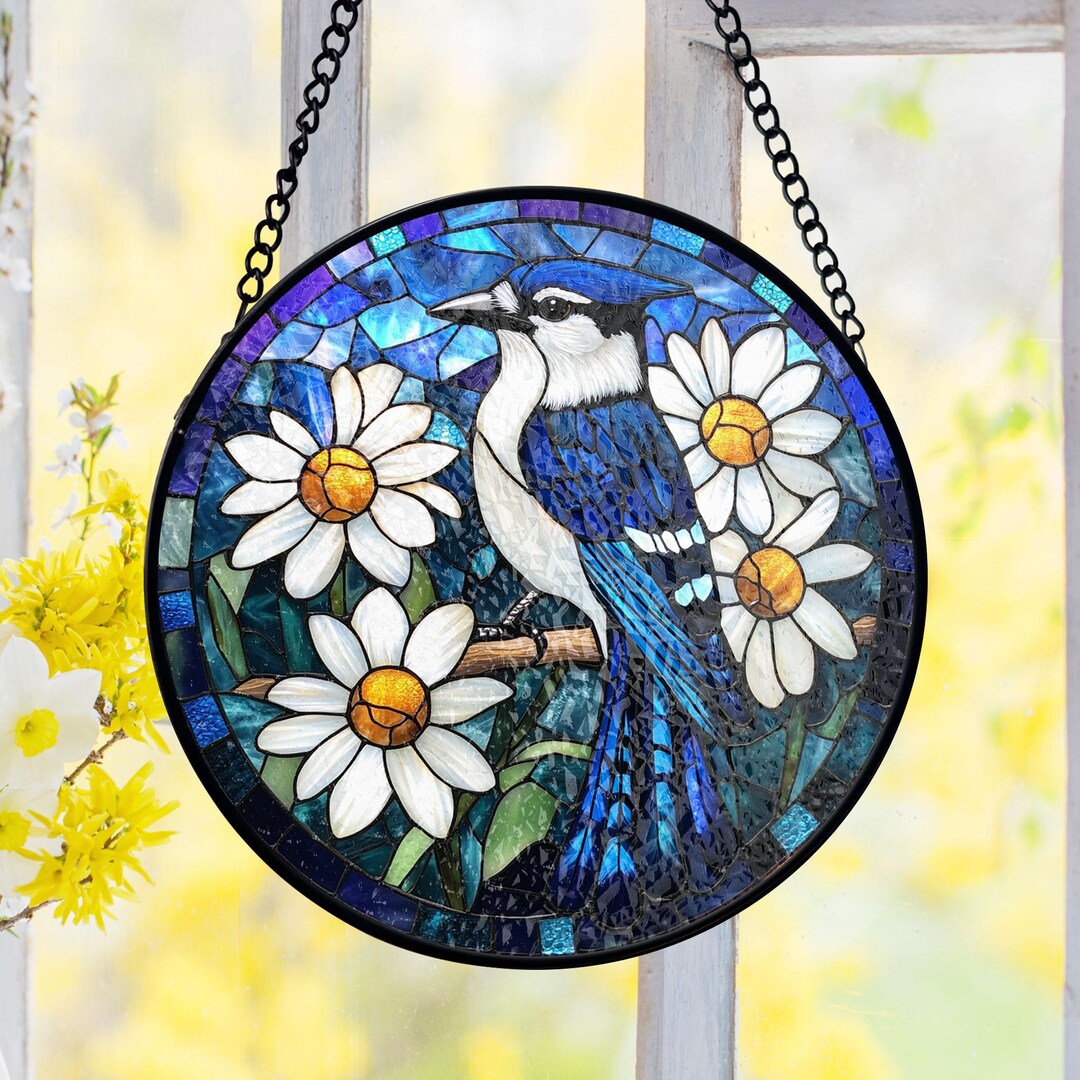Blue Jay Stained Glass Suncatcher, Vibrant Bird and Daisy Window Art ...