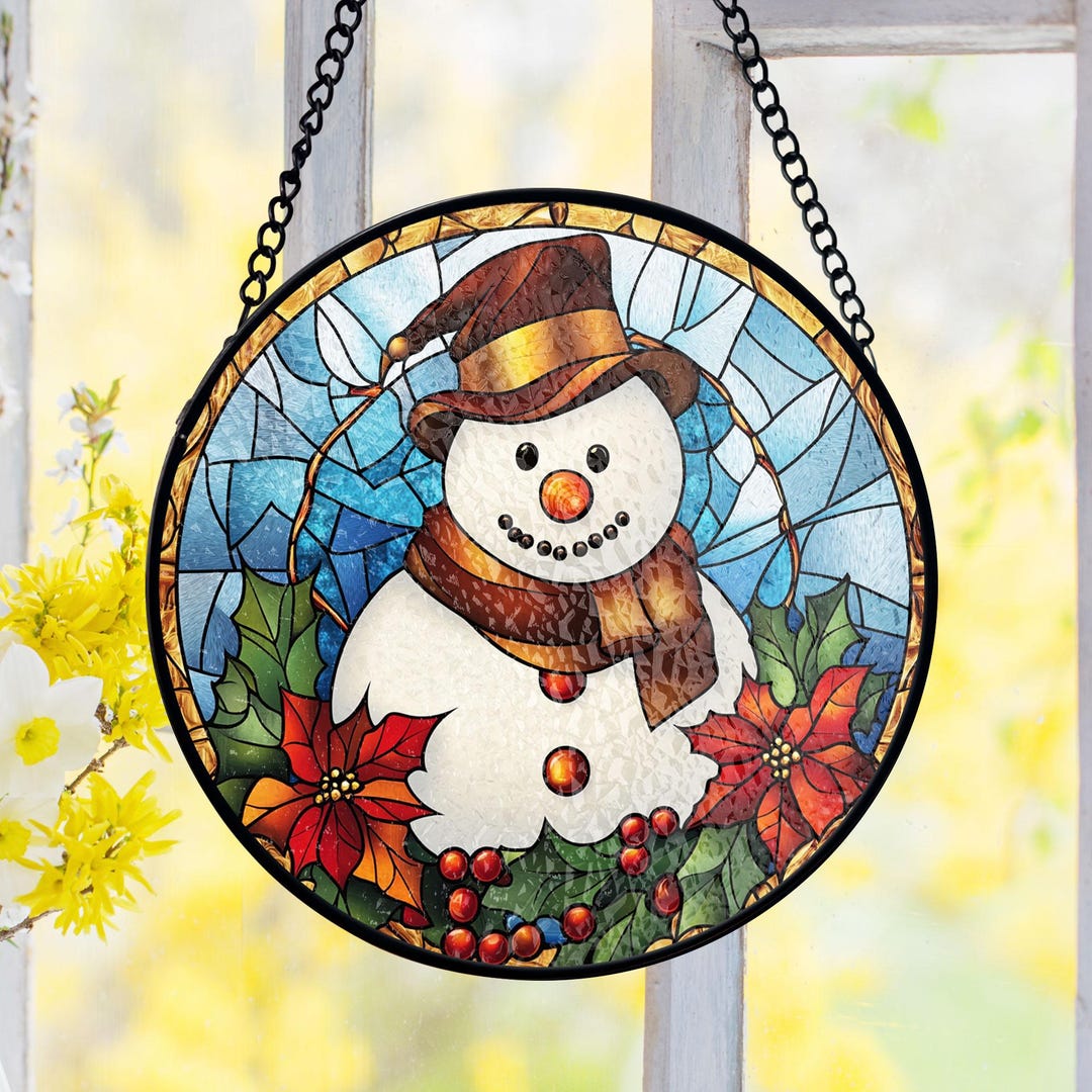 Snowman Stained Glass Suncatcher, Cheerful Winter Window Art, Holiday ...