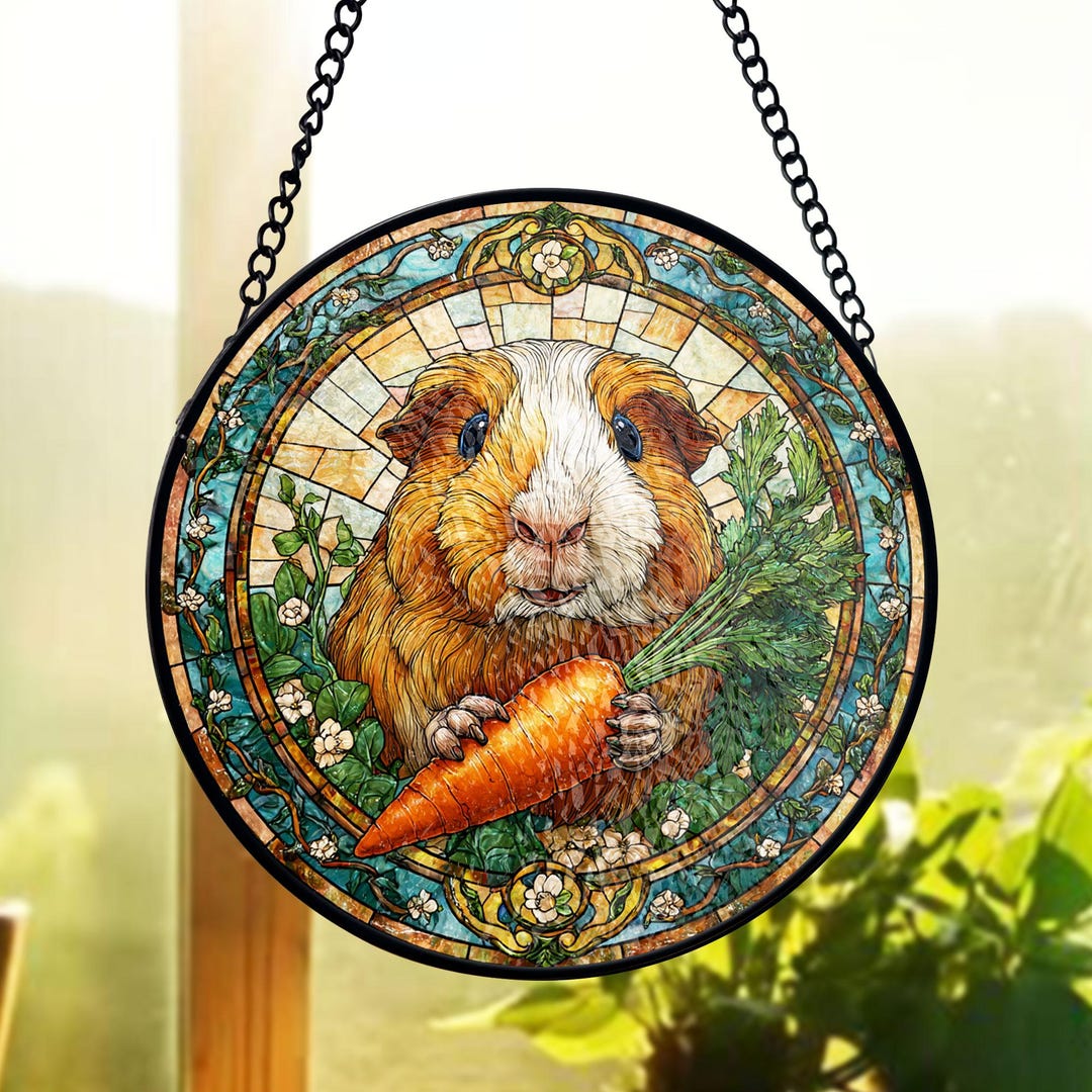 Cute Guinea Pig Stained Glass Suncatcher, Cavy Eating Carrot Window ...