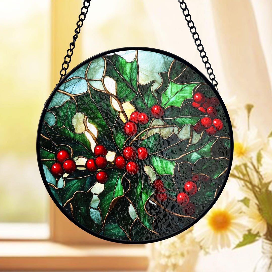 Holly Berry Stained Glass Suncatcher, Festive Red and Green Window Art ...