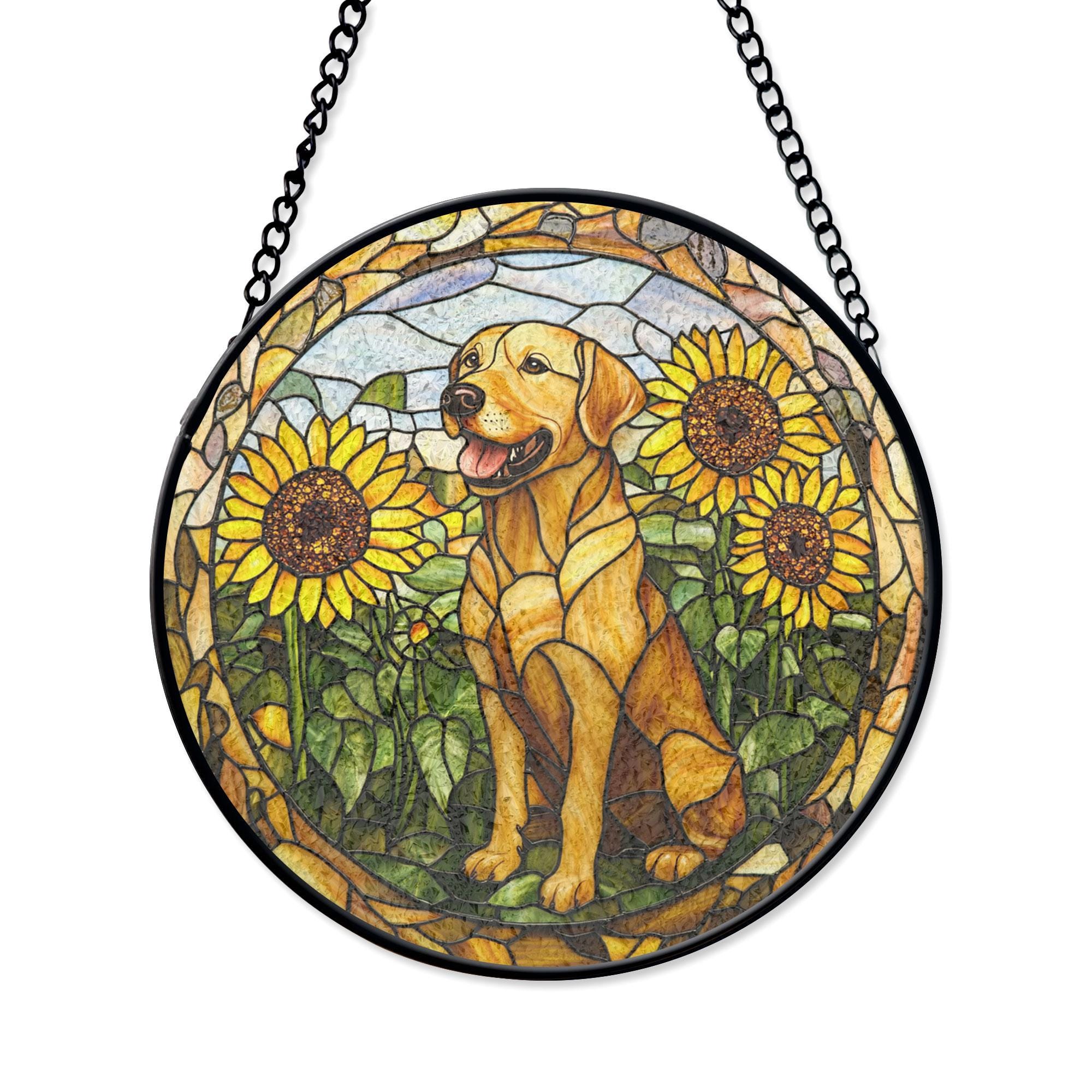 Labrador Stained Glass Suncatcher, Sunflower Dog Window Panel ...