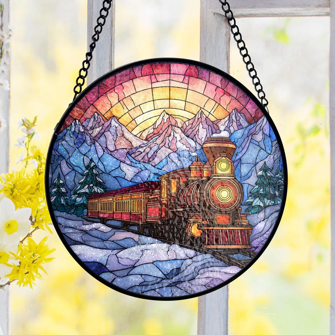 Train Stained Glass Suncatcher, Vintage Locomotive Window Art, Mountain ...