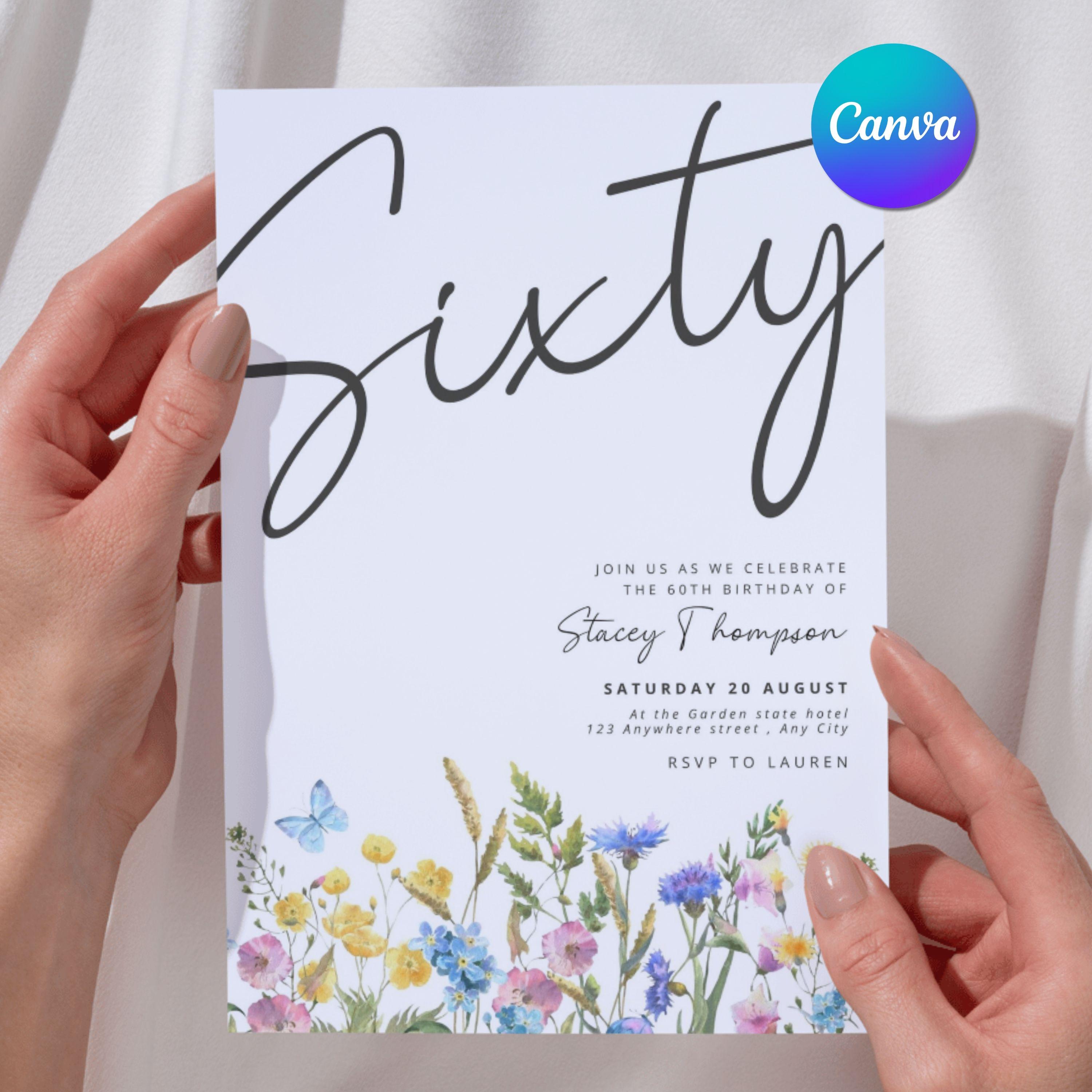 Editable 60th Birthday Invitation for Women – Elegant Floral Digital ...