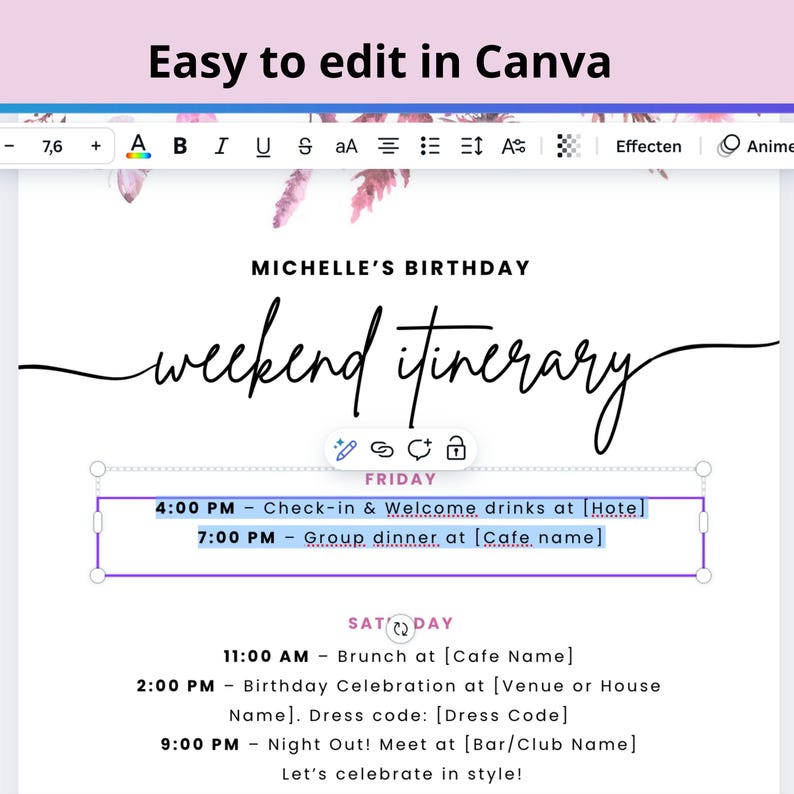 Editable Birthday Itinerary Template, Itinerary Birthday, Pink Birthday ...