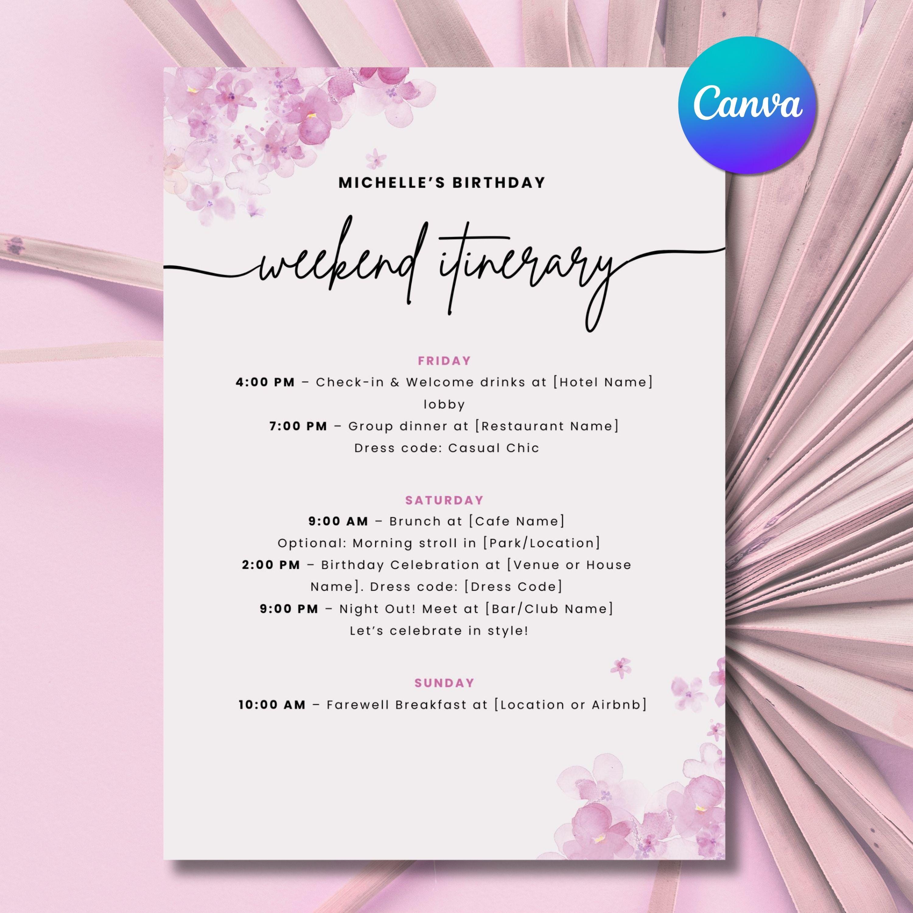 Editable Birthday Itinerary Template, Pink Birthday Weekend Itinerary ...