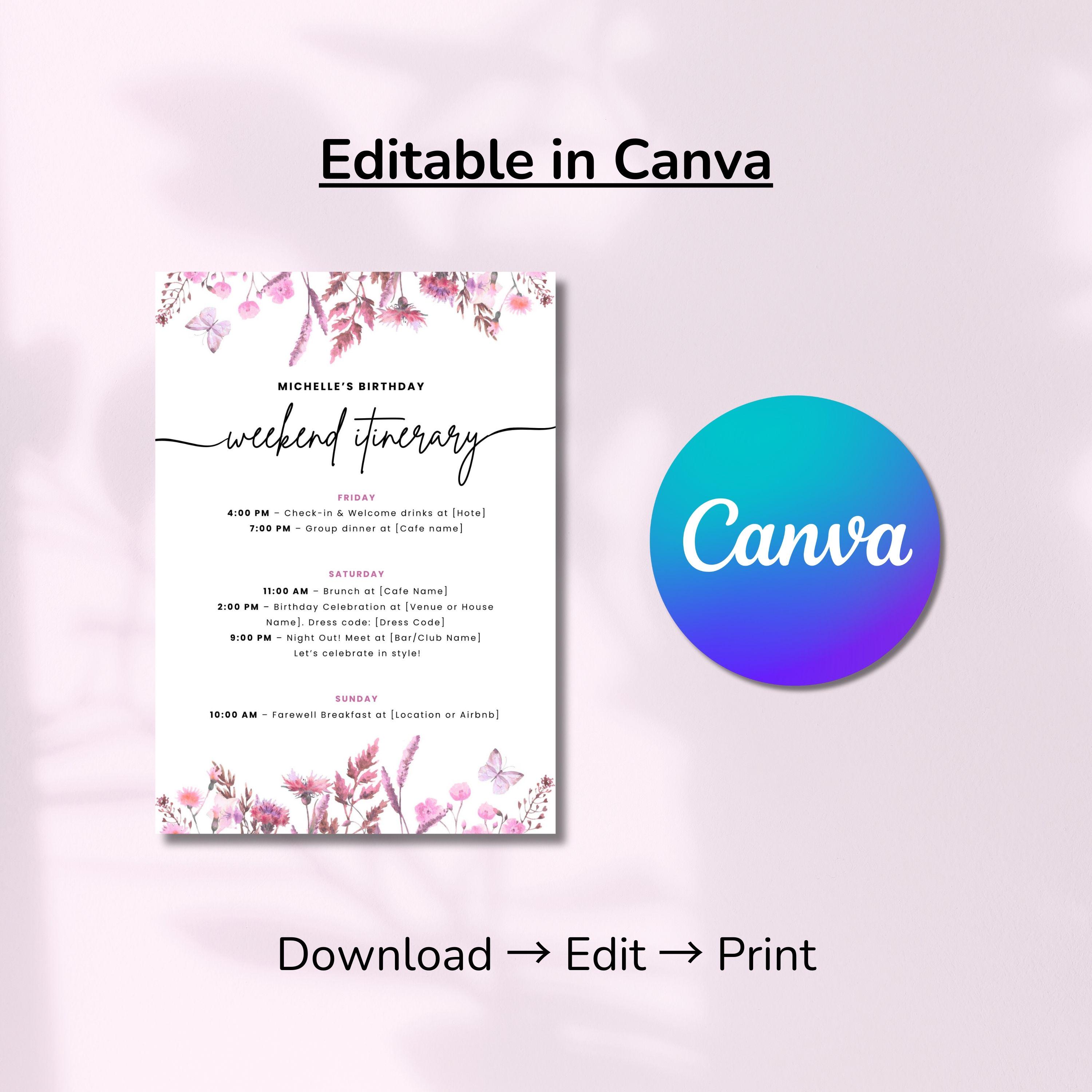 Editable Birthday Itinerary Template, Itinerary Birthday, Pink Birthday ...
