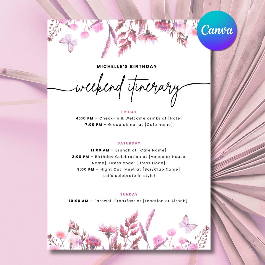 Editable Birthday Itinerary Template, Itinerary Birthday, Pink Birthday ...