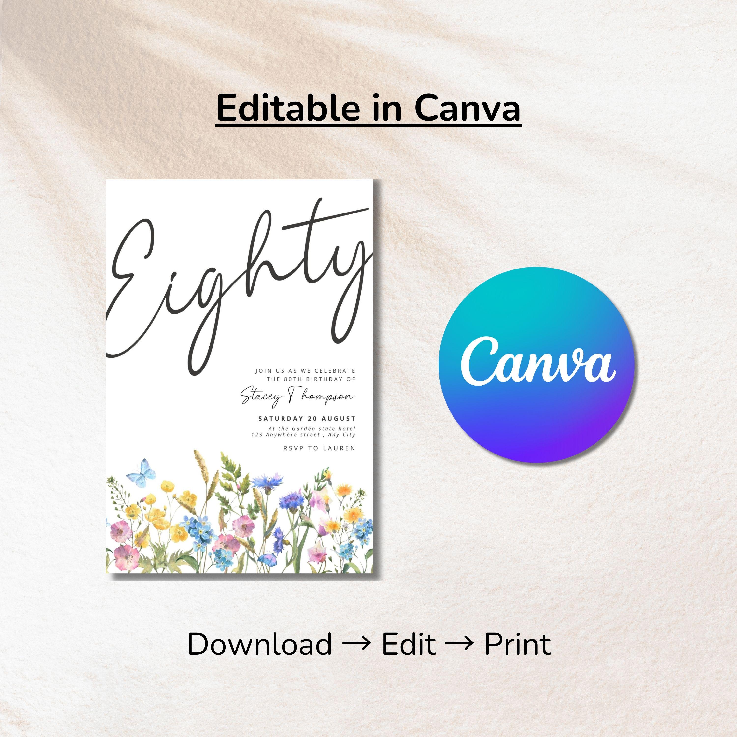 Editable 80th Birthday Invitation – Elegant Floral Digital Invite ...