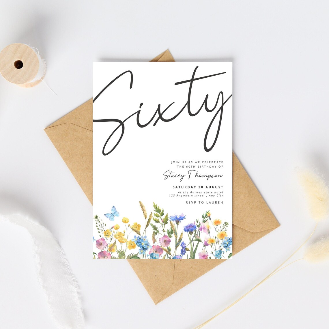 Editable 60th Birthday Invitation for Women – Elegant Floral Digital ...