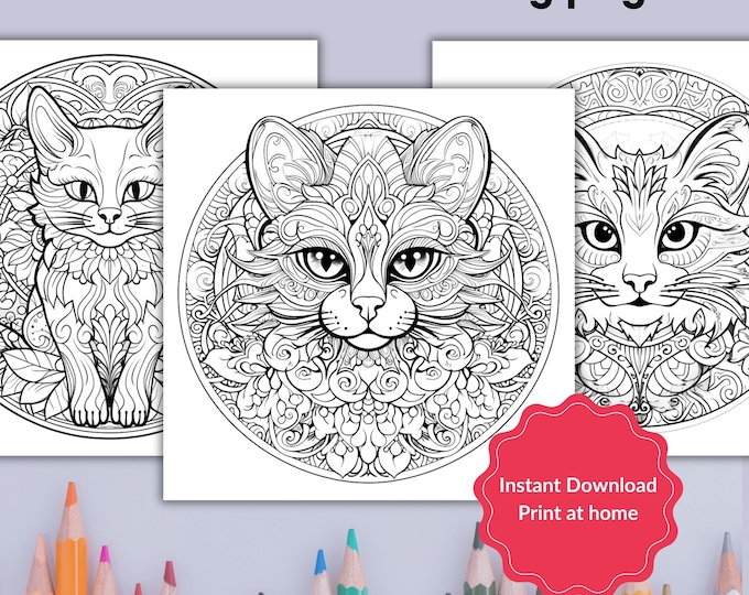 12 Pack Stress Relief Coloring Pages, Kitten Digital Print, Detailed ...