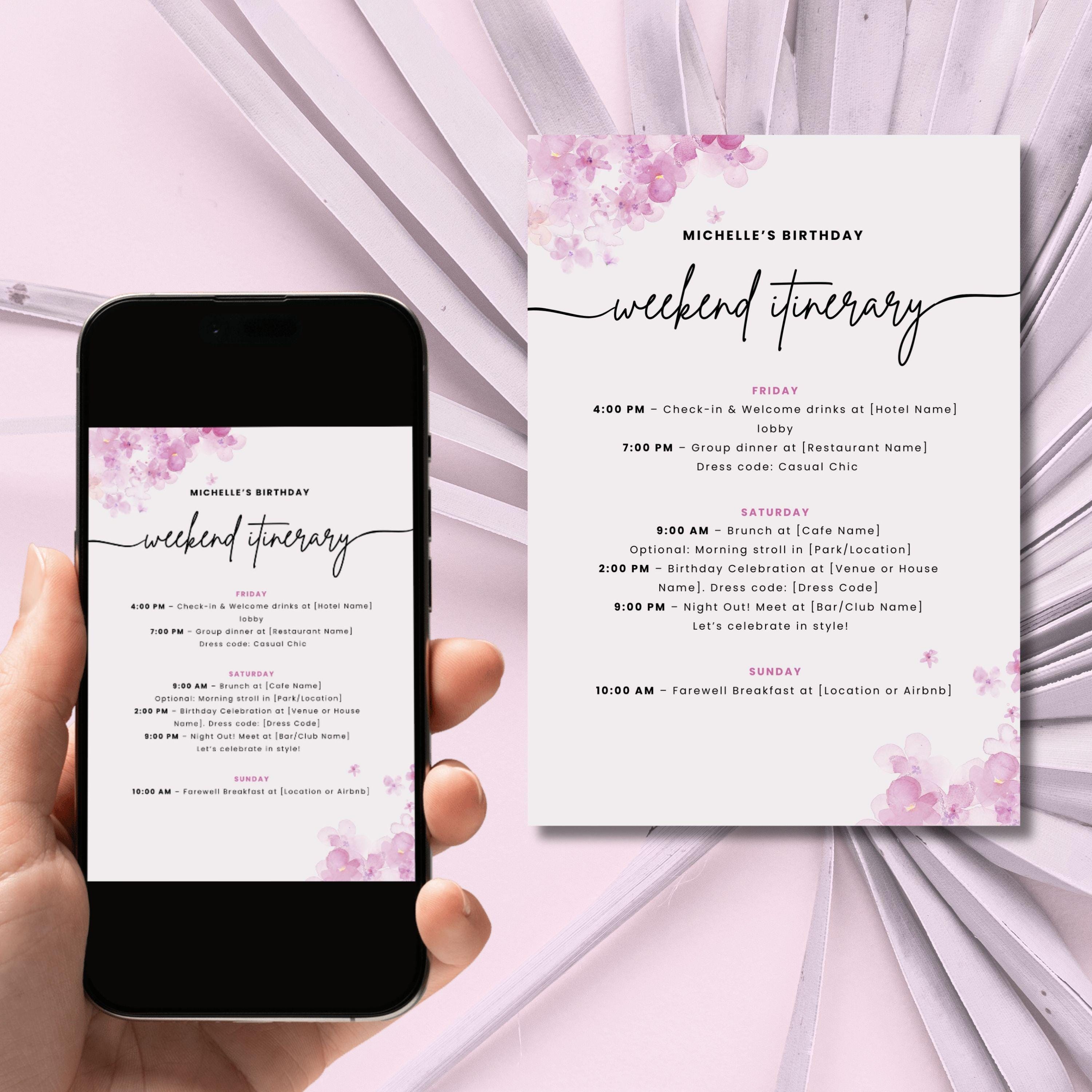 Editable Birthday Itinerary Template, Pink Birthday Weekend Itinerary ...