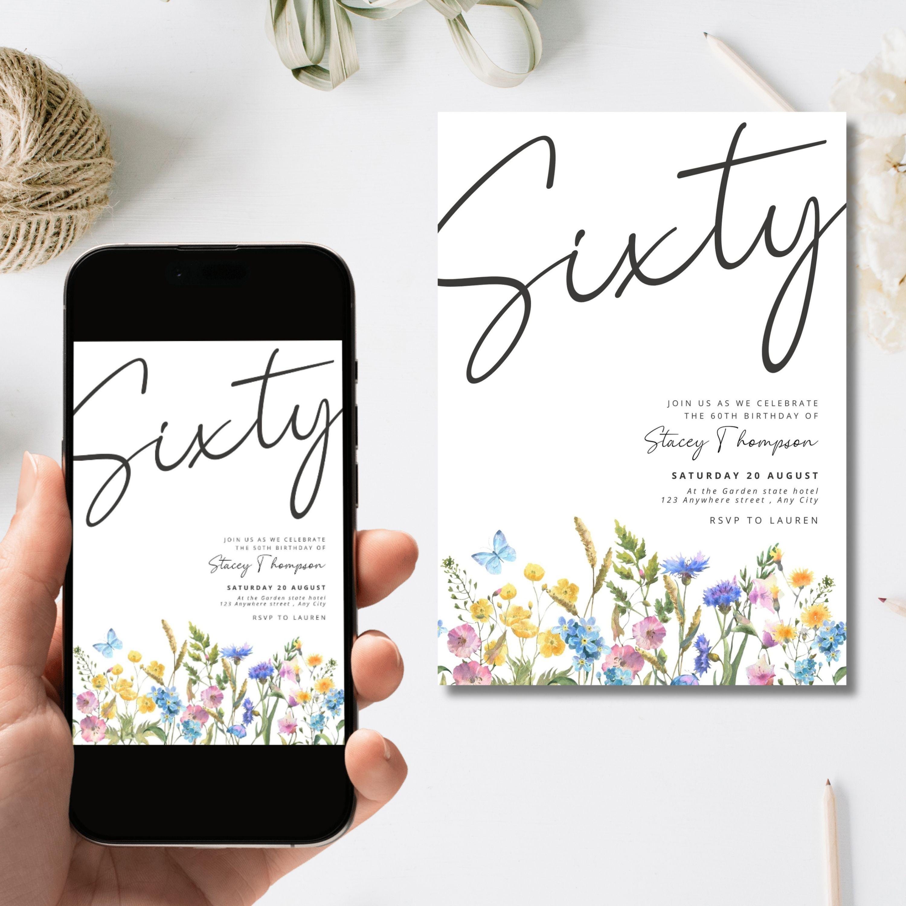 Editable 60th Birthday Invitation for Women – Elegant Floral Digital ...