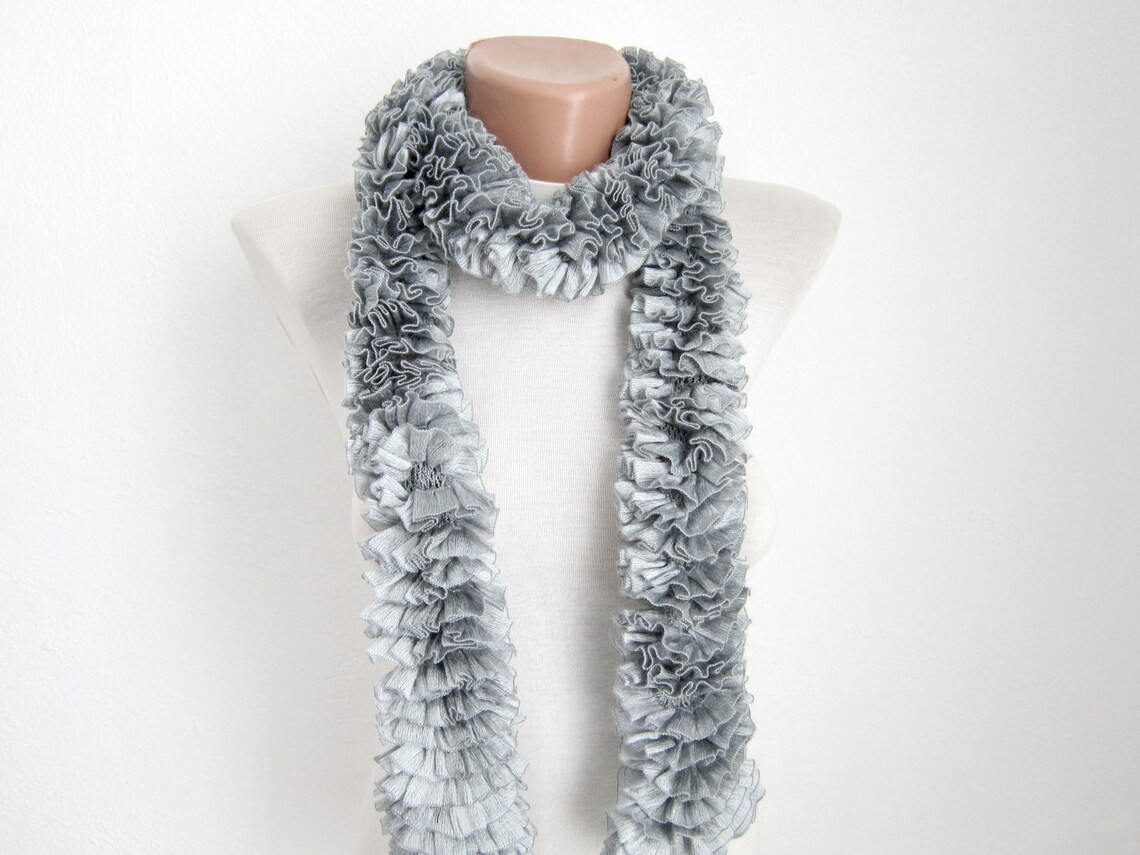 Gray Knit Scarf Autumn Frilly Scarves Knitting Ruffle Scarf - Etsy