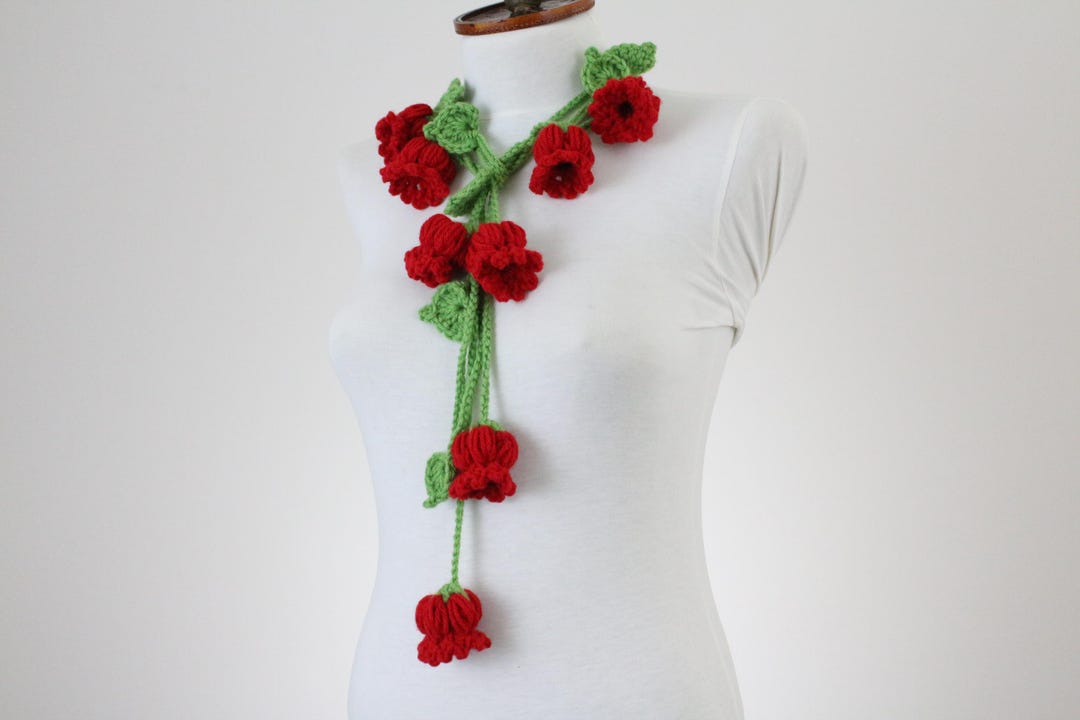 Crochet Bud Rose Lariat Scarf: Boho Floral Necklace Wrap, Bohemian Neck ...