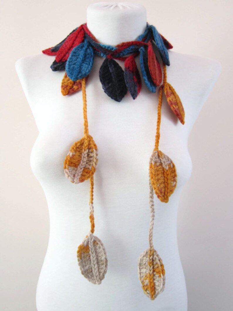 Colorful Crochet Scarf, Crocheted Leaf Scarves, Long Lariat Jewelry ...