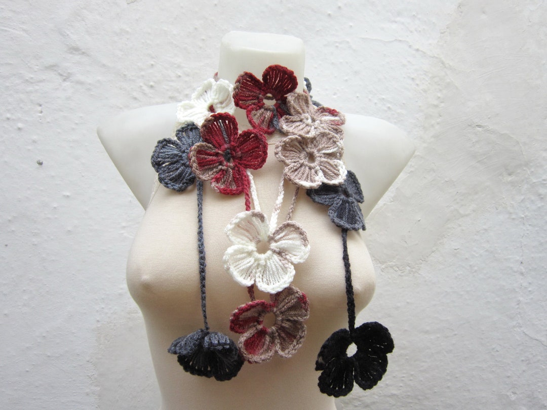 Women Lariat Necklace, Crochet Scarf, Flower Necklace, Floral Jewelry ...