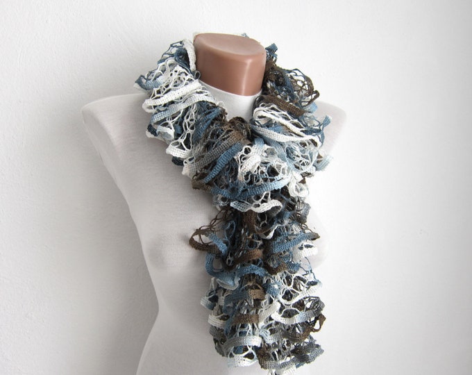 Grey Blue White Knit Scarf Frilly Scarf Ruffled Scarf Colorful ...