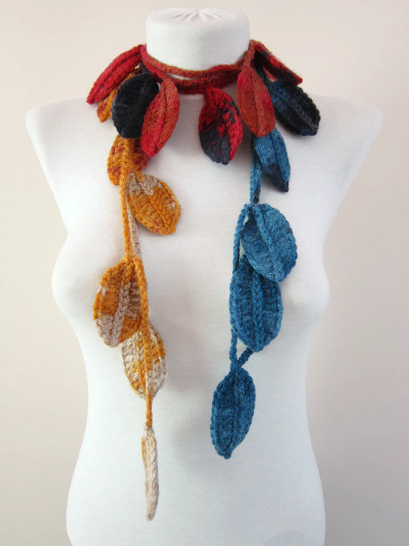 Colorful Crochet Scarf, Crocheted Leaf Scarves, Long Lariat Jewelry ...