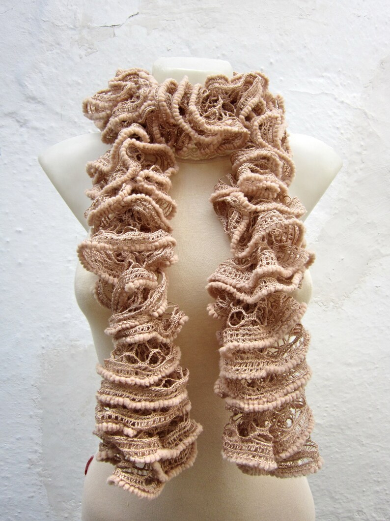 Brown Cream Knit Ruffle Scarf, Lace Neckwarmer, Knitting Women Frilly ...