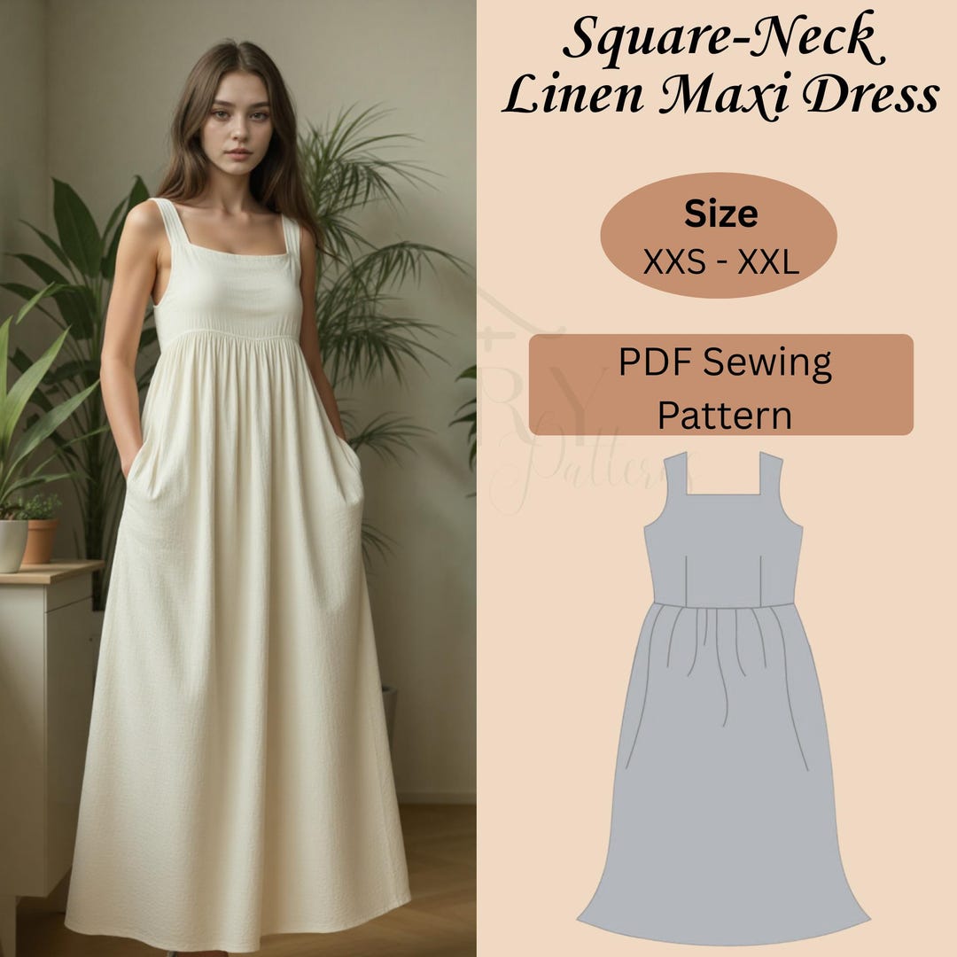 Square Neck Linen Maxi Dress Pattern | Gathered Waist Maxi | Summer ...