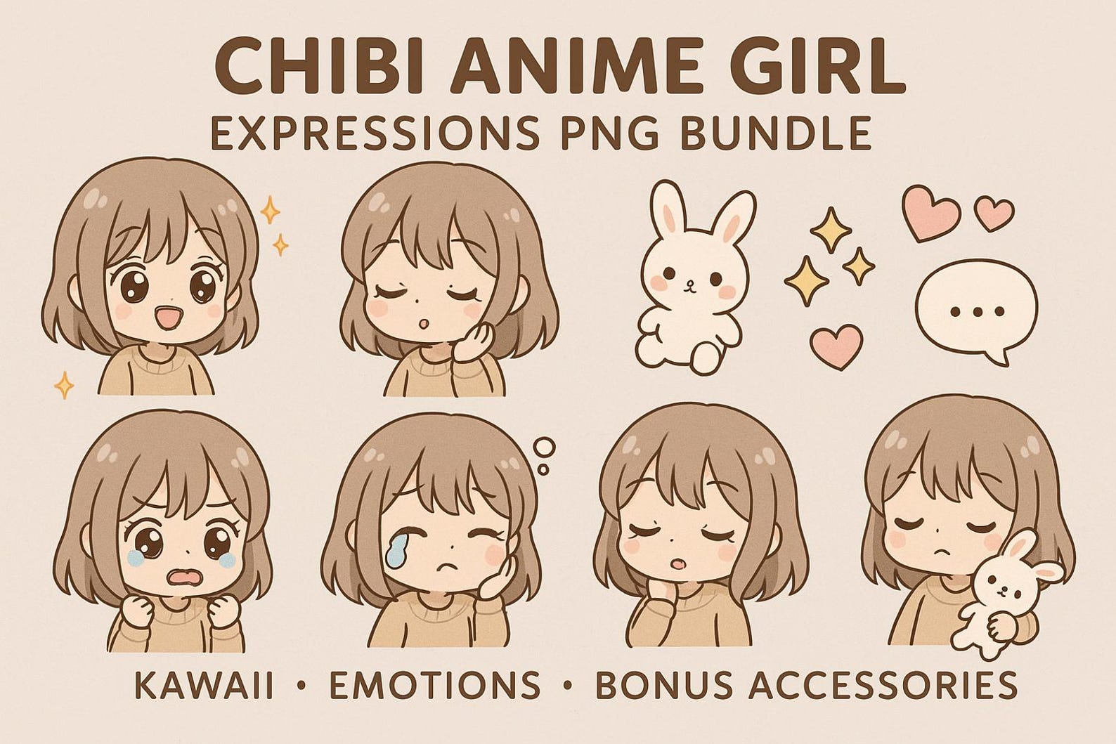 Chibi Anime Girl Expressions PNG Bundle – 6 Kawaii Emotions + Bonus ...