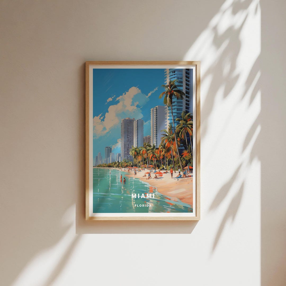 Miami Travel Poster – Beachfront Skyline Wall Art Print, Tropical ...