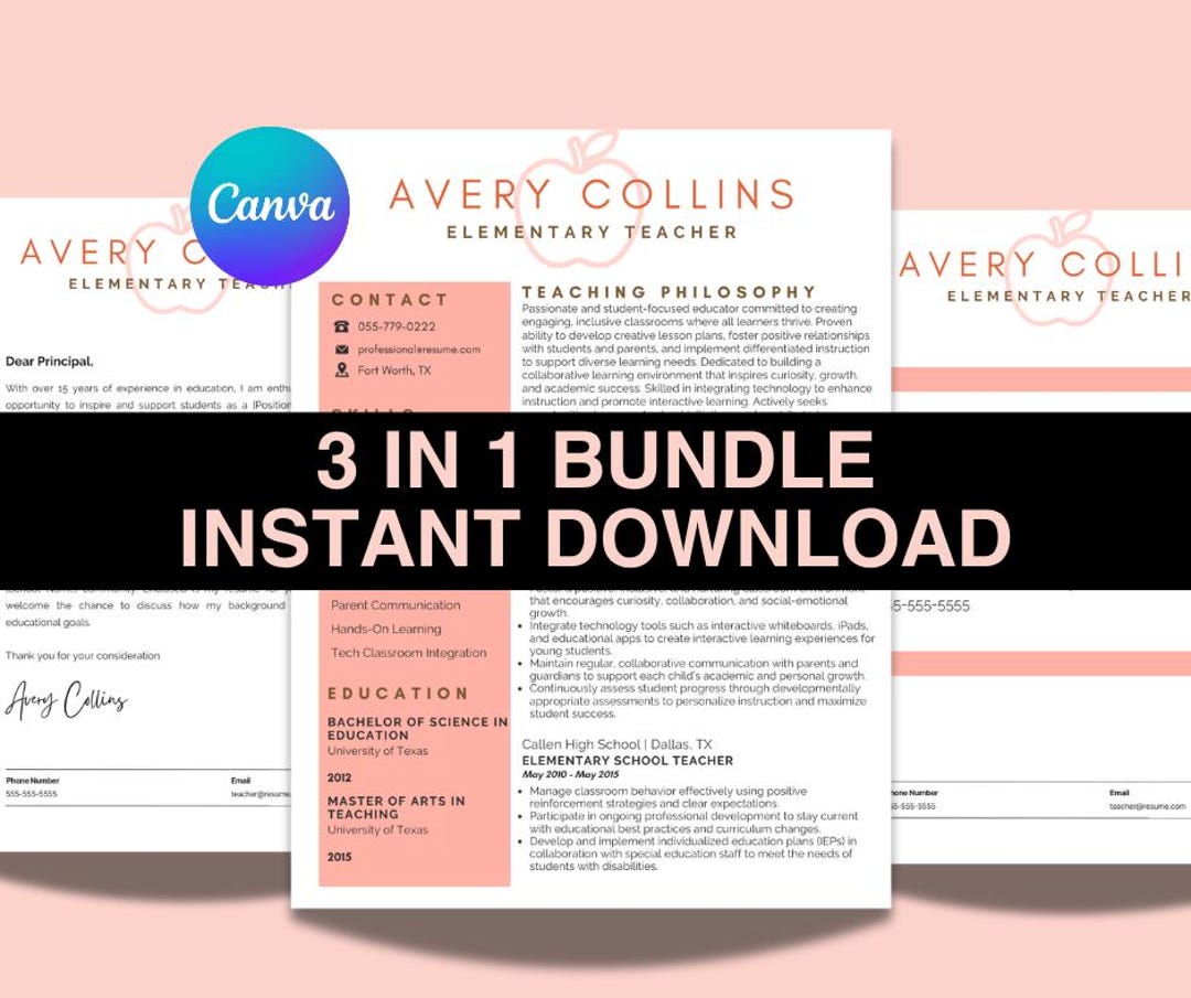 Elementary Teacher Cover Letter, Resume, Reference Page Bundle - Canva ...