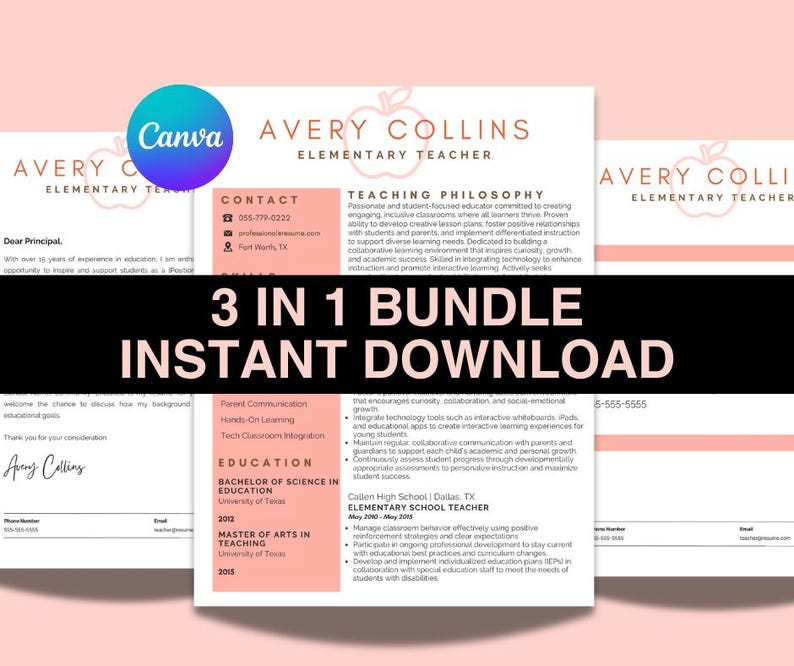 Editable Teacher Resume Template Bundle: Cover Letter & Reference Page ...