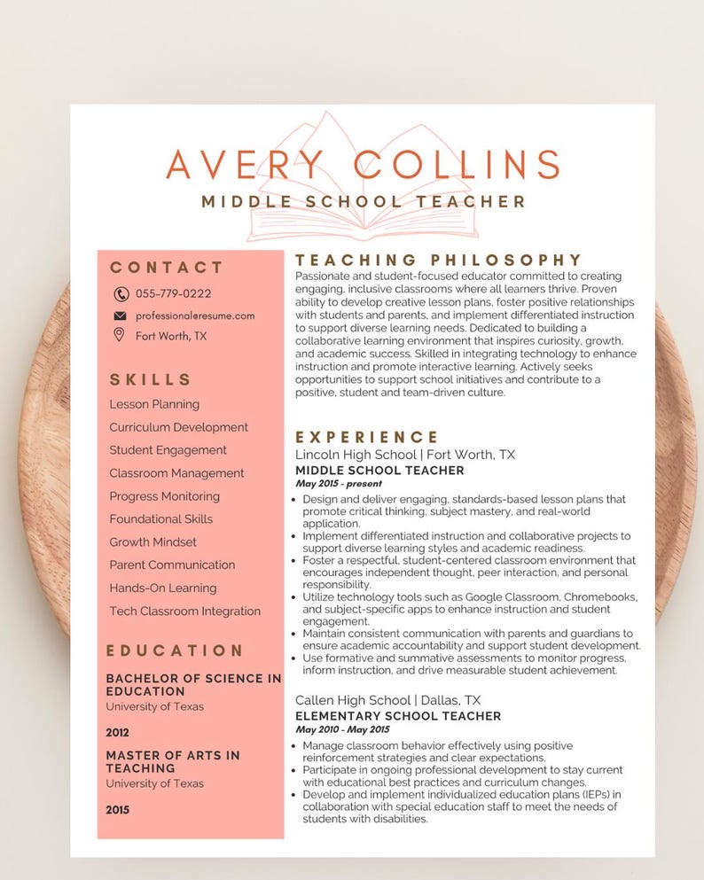 Middle School Teacher Resume Template | Editable Canva Download ...