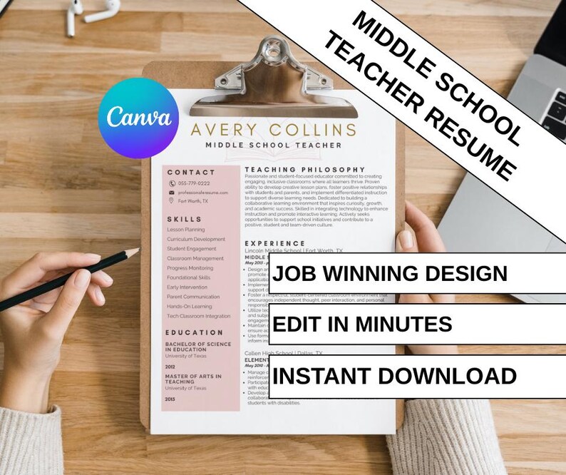 Editable Middle School Teacher Resume Template: Editable Canva Design ...