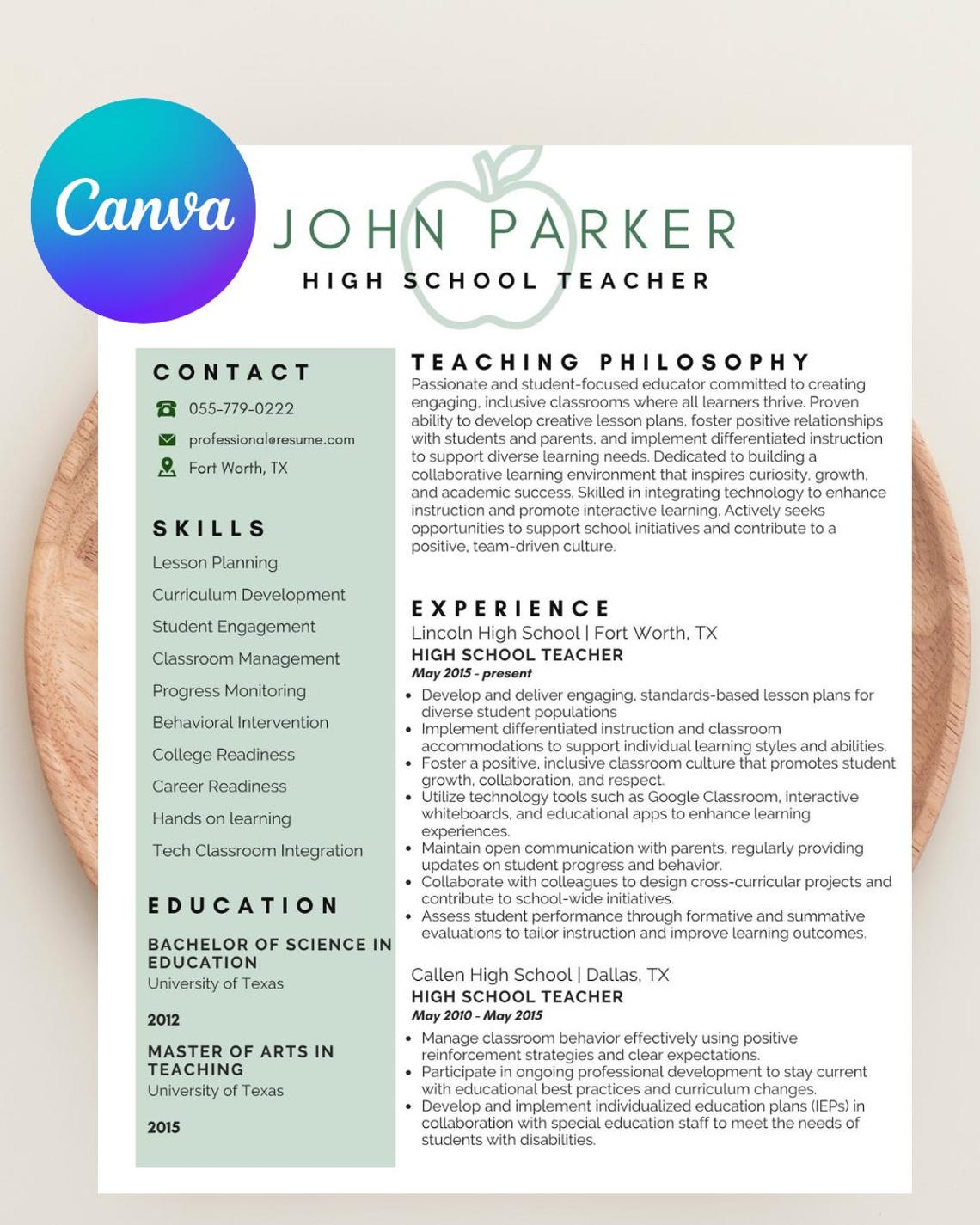 Editable Teacher Resume Template: Canva Editable, Professional CV ...