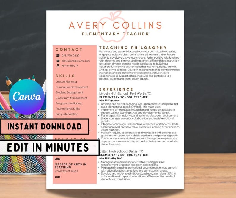 Editable Elementary Teacher Resume Template | Editable Canva CV ...