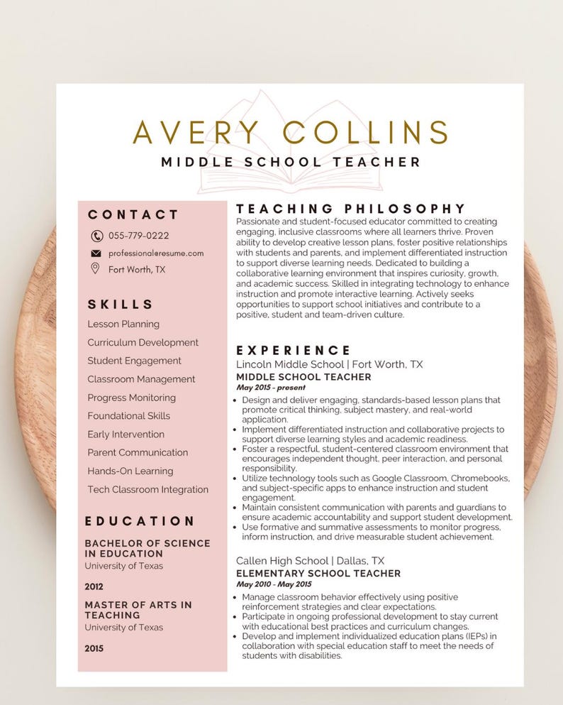 Middle School Teacher Resume Template | Editable Canva Download ...