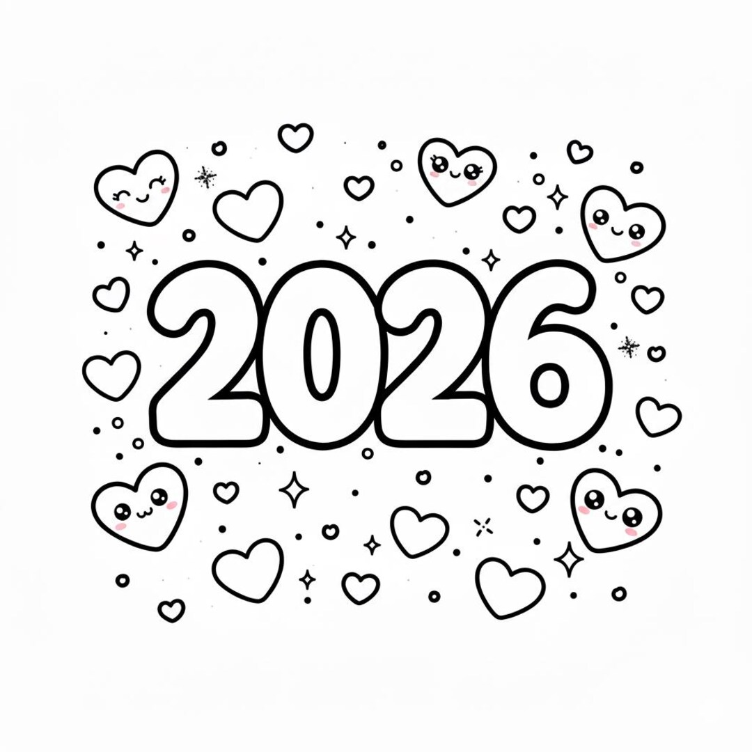 2026 Coloring Page Printable, Cute New Year Coloring Page, Heart Doodle ...