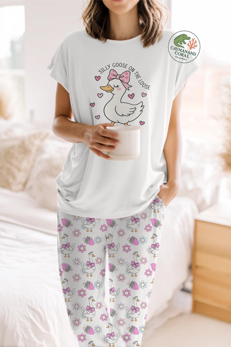 Valentine Silly Goose Pajamas Set for Women, Cute Goose With Pink Bow ...