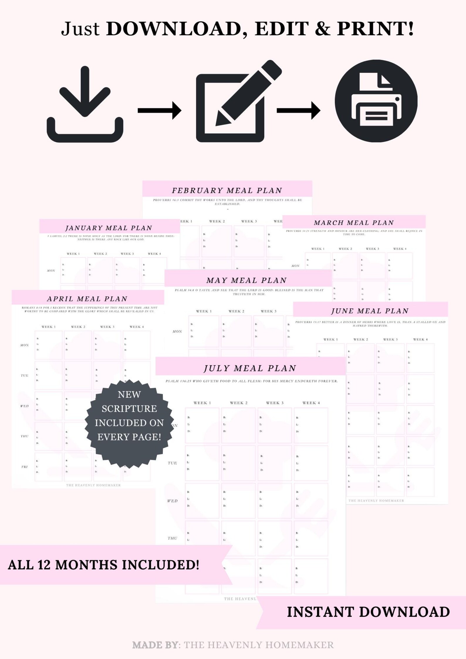 Christian Monthly Meal Planning | Scripture Included | Instant Download ...