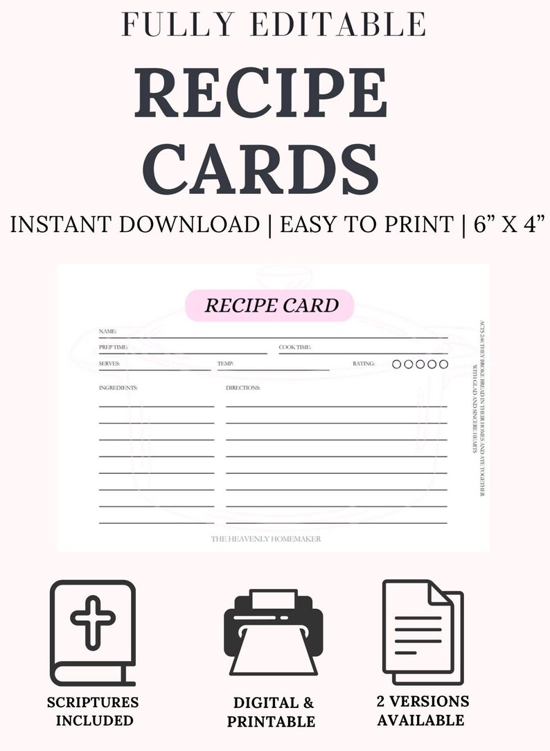 Recipe Card Printable Set | Editable Recipe Cards With Scripture ...