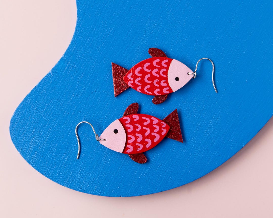 Red Fish Earrings - Handmade Leather Fish Earrings W/ Iridescent Fins ...