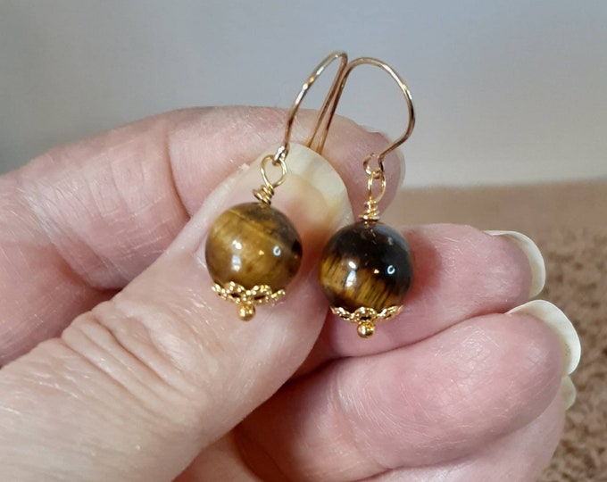 Tigers Eye Earrings Tiger Eye Short Drop Earrings Brown and Gold 14K ...