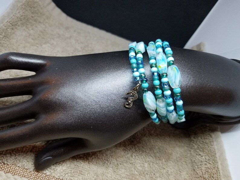 Seahorse Bracelet Aqua Blue Bracelet Blue Beaded Wrap Bracelet - Etsy
