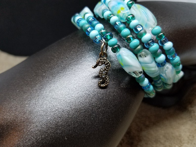 Seahorse Bracelet Aqua Blue Bracelet Blue Beaded Wrap Bracelet - Etsy