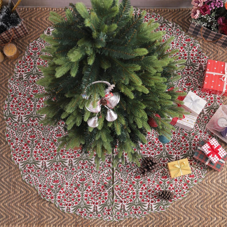 Red Green Hand Block Printed Christmas Tree Skirt, Farmhouse Boho Xmas ...